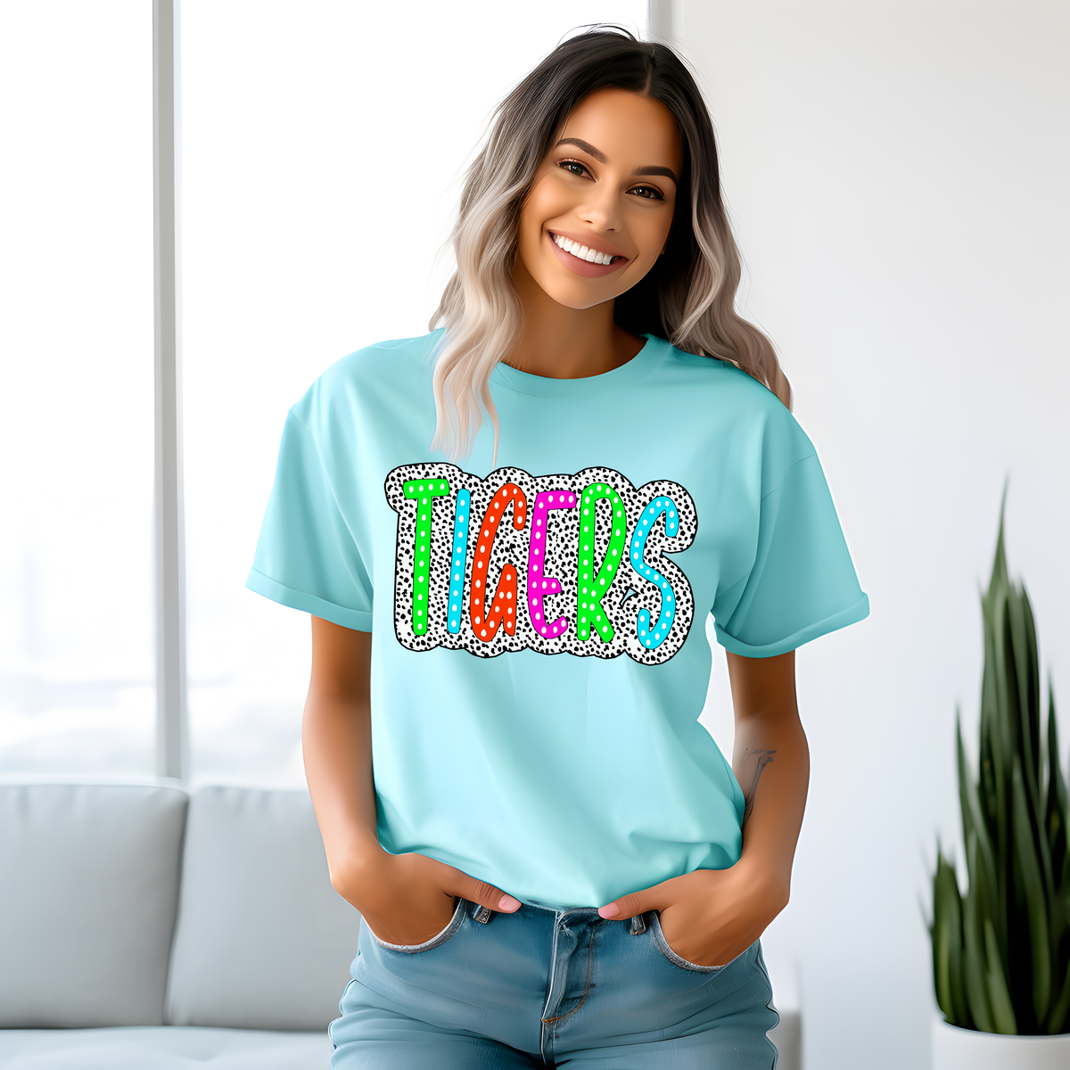Neon Tigers Dotted Doodle DTF Print – Torch Light