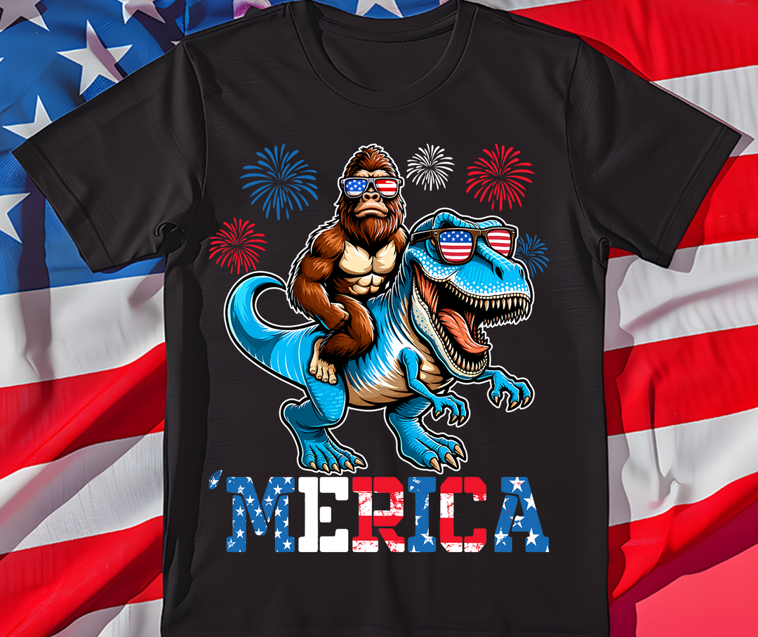 Bigfoot Riding T-Rex Merica DTF Print – Torch Light