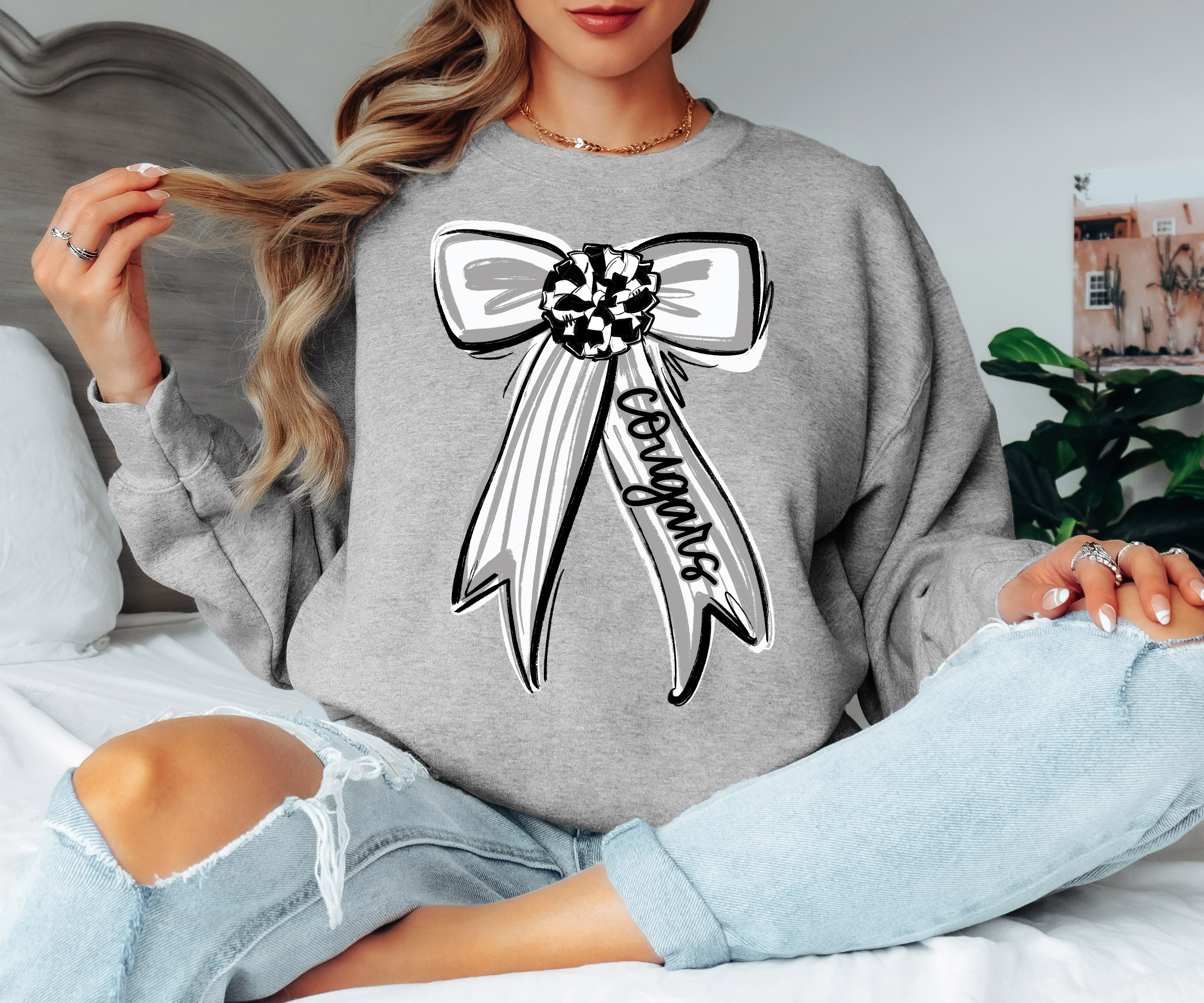 Cougars Cheer Long Bow DTF Print – Torch Light