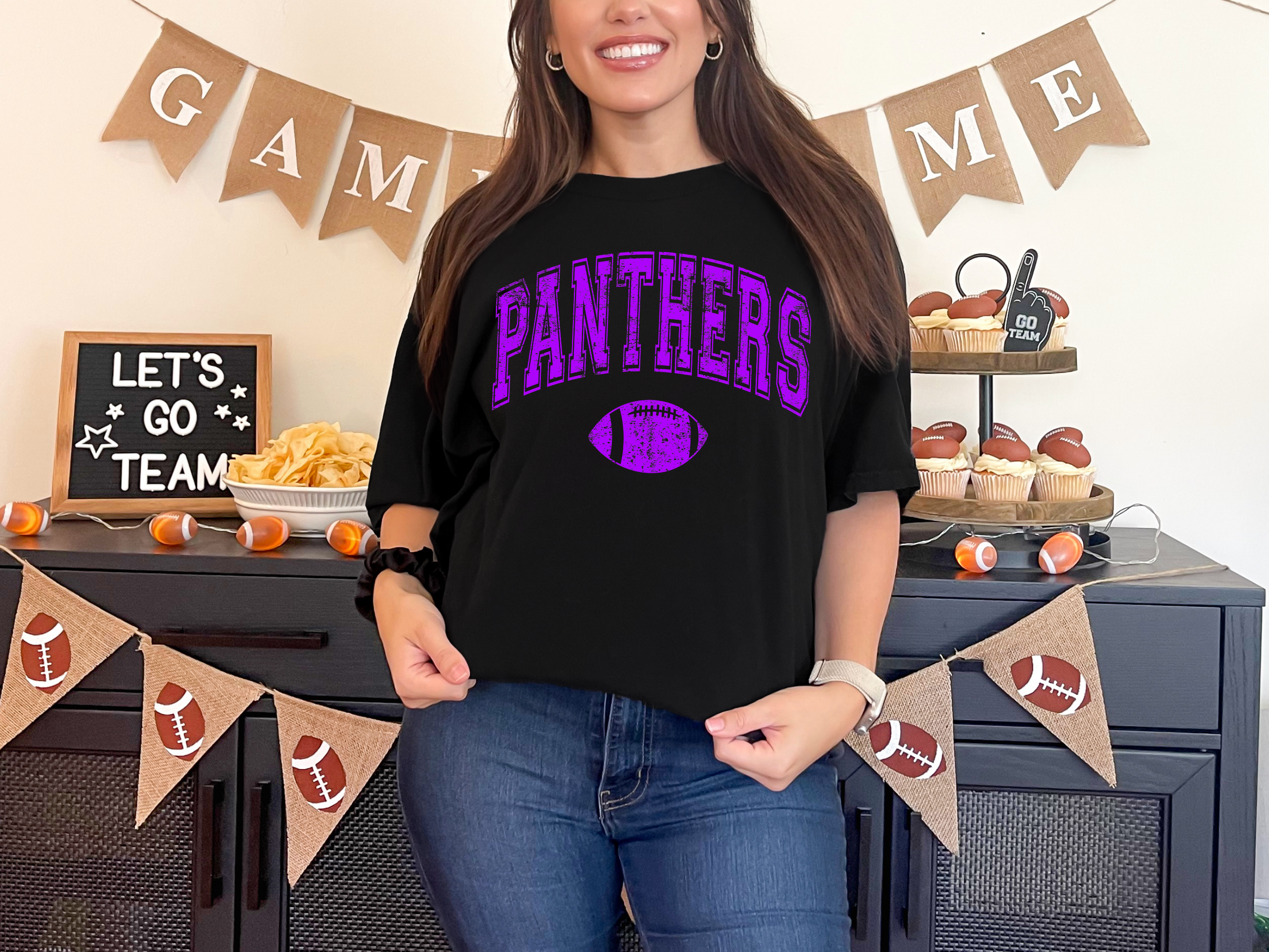 Panthers Football Arch Distressed DTF Print – Torch Light