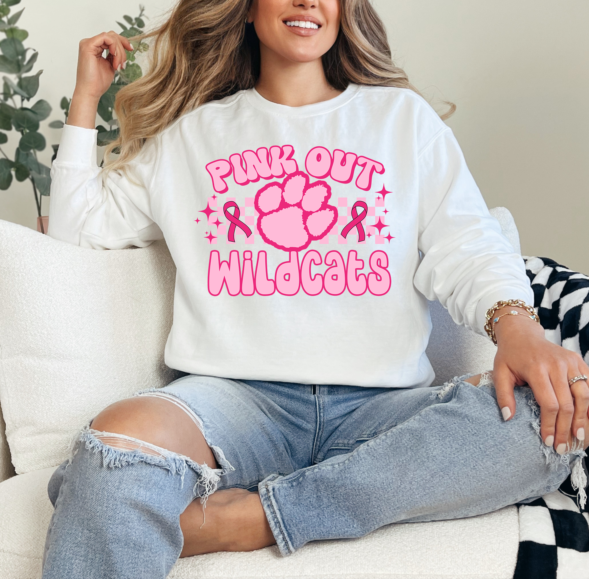 Pink Out Wildcats Glitter Effect Checker DTF Print – Torch Light