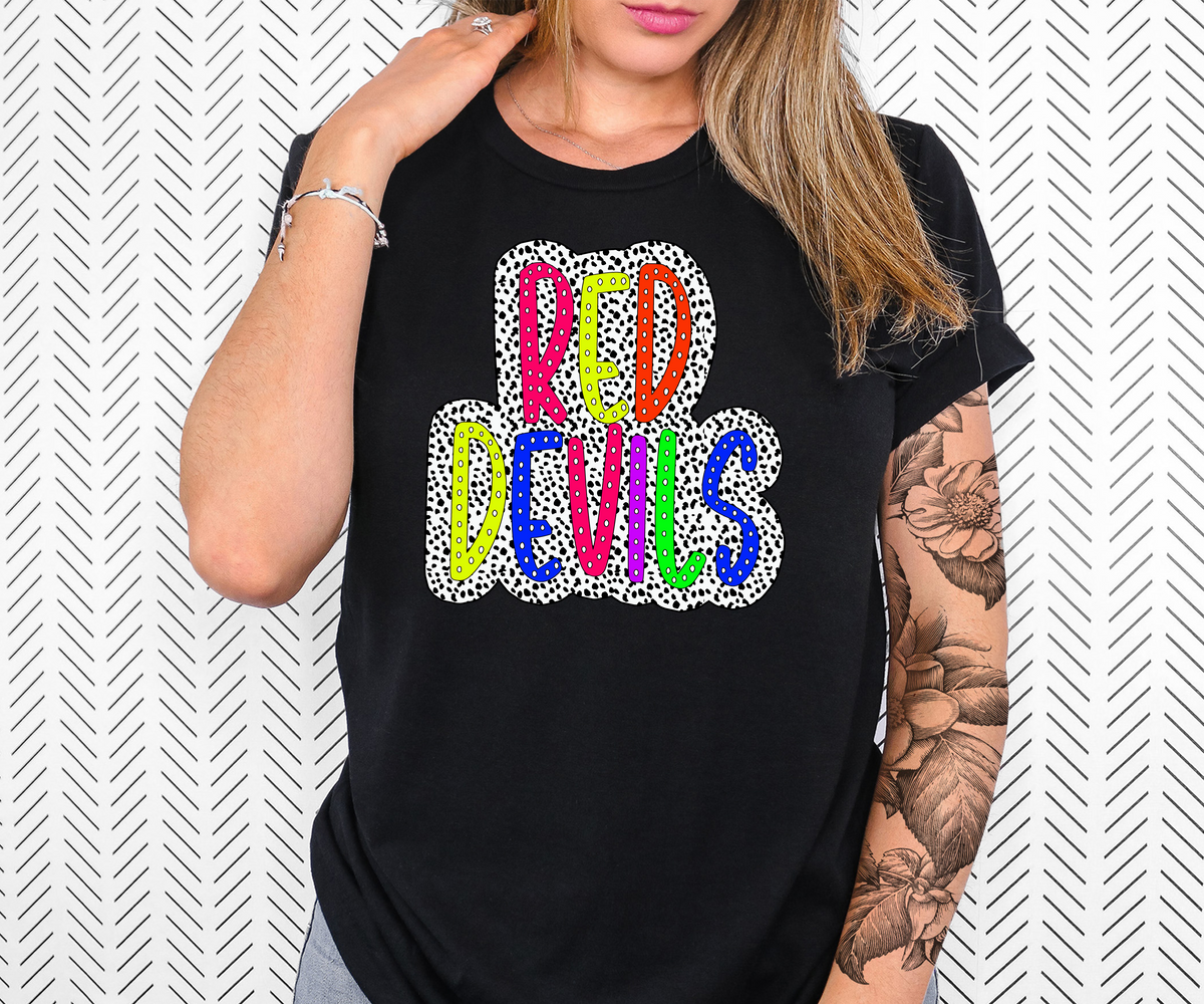 Neon Red Devils Dotted Doodle DTF Print – Torch Light