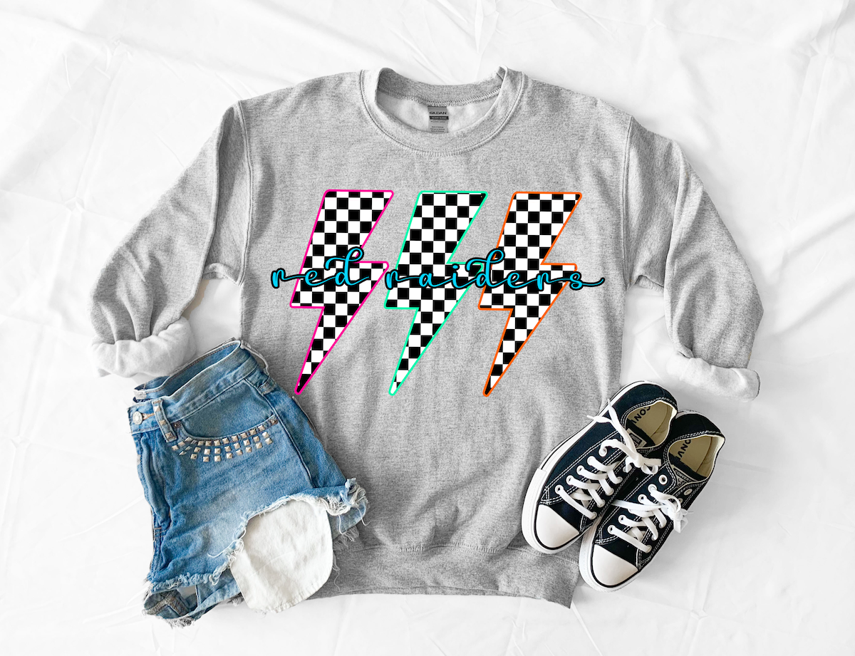 Red Raiders Retro Bolt Checker Teams Neon Outline DTF Print – Torch Light