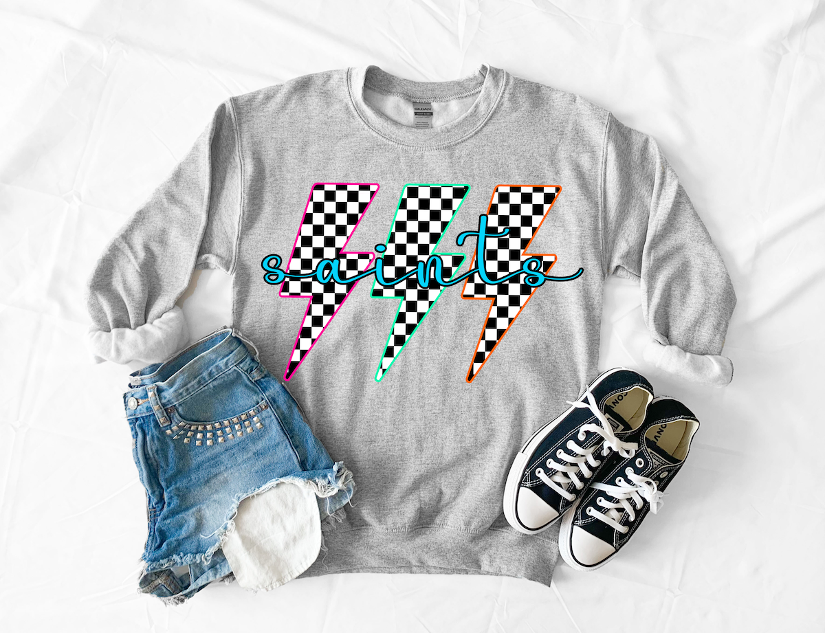 Saints Retro Bolt Checker Teams Neon Outline DTF Print – Torch Light